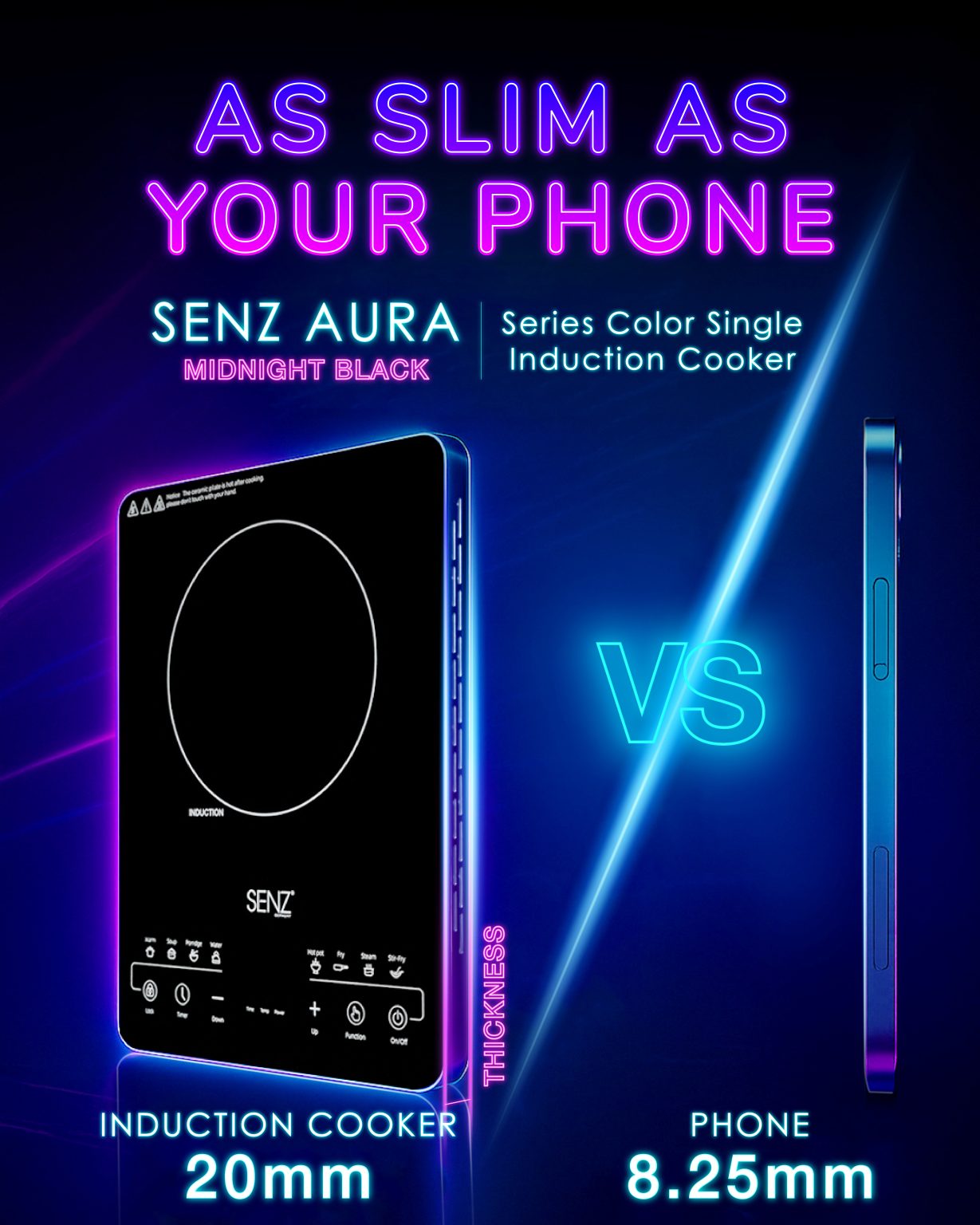 SENZ AURA Series Color Single Induction Cooker – Midnight Black – Senz